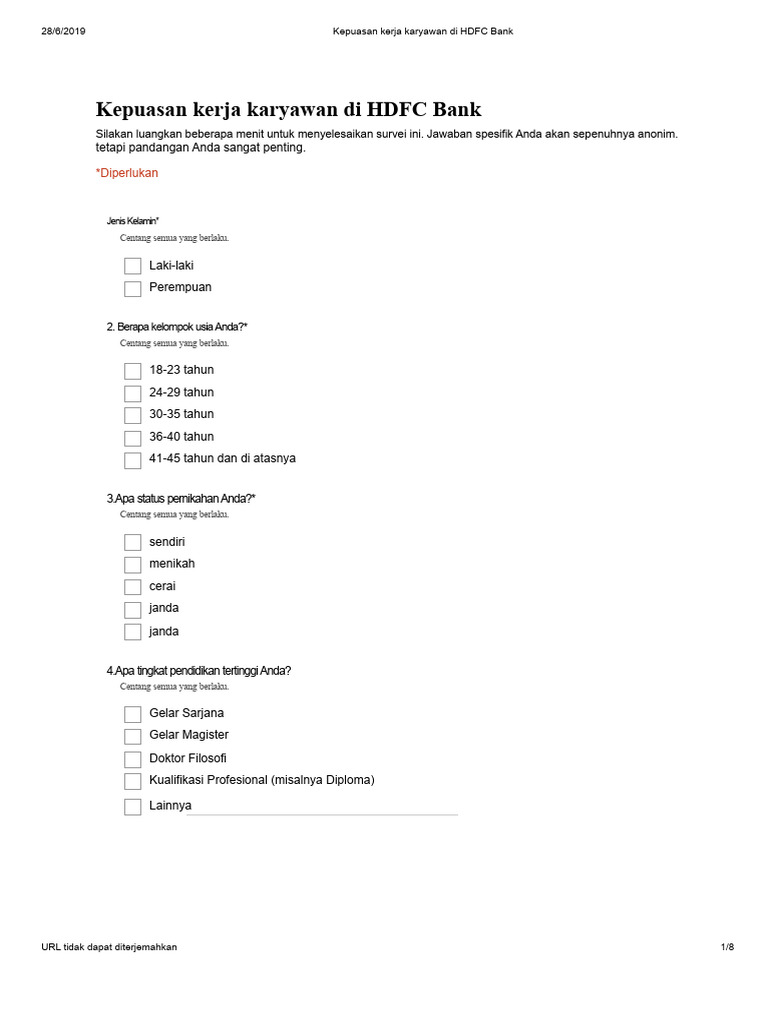 Kepuasan Kerja Karyawan Di HDFC Bank - Google Forms | PDF