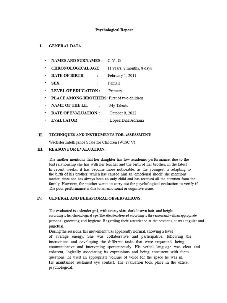Psychological Report Wisc V Final PDF | PDF | Intelligence Quotient ...