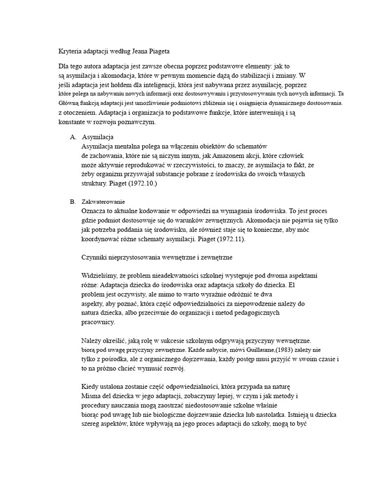 Kryteria Adaptacji Według Jeana Piageta | PDF