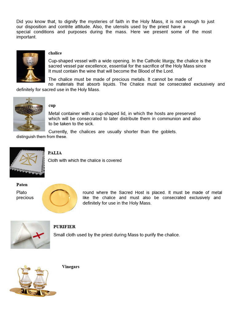 Catholic Mass Sacred Vessels Explained | PDF | Eucharist | Altar