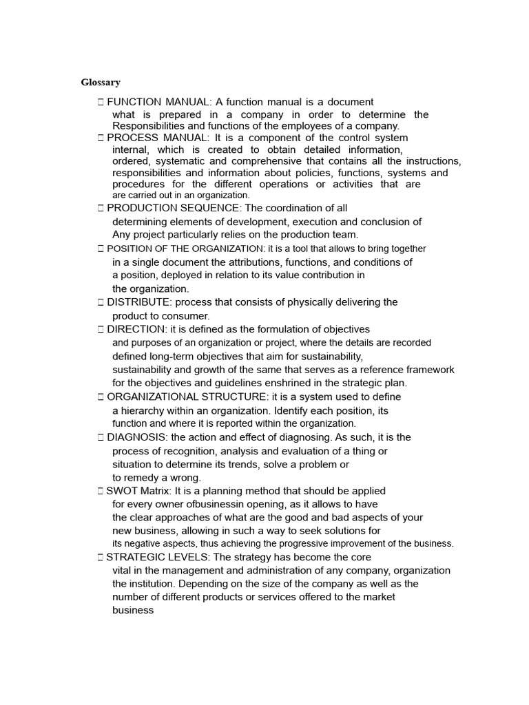 Glossary of Functions Manual | PDF | Swot Analysis | Organizational Structure
