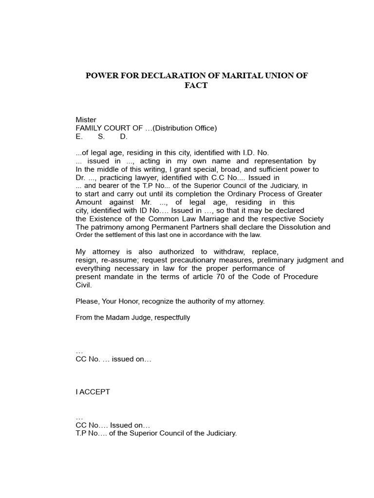 Power For Declaration of Common-Law Marriage. | PDF