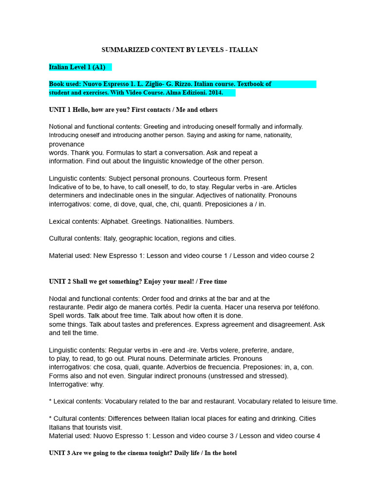 Italian Language Course Summary A1-A2-B1 | PDF | Verb | Adjective