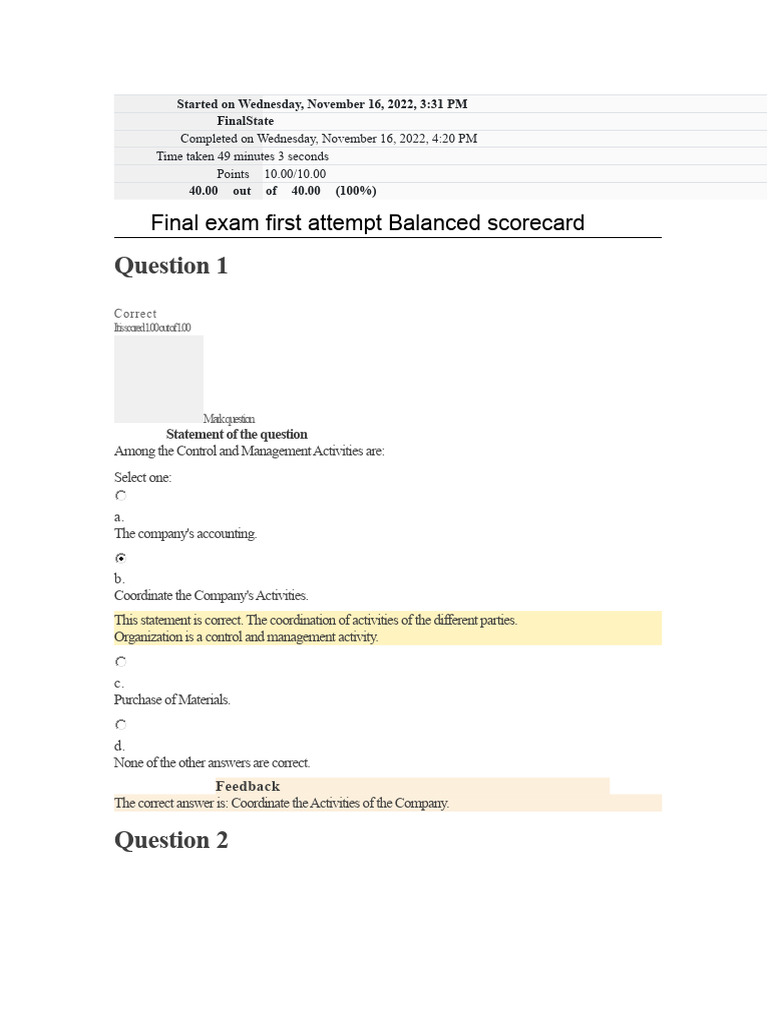 Final Exam First Attempt Balanced Scorecard | PDF | Motivation ...