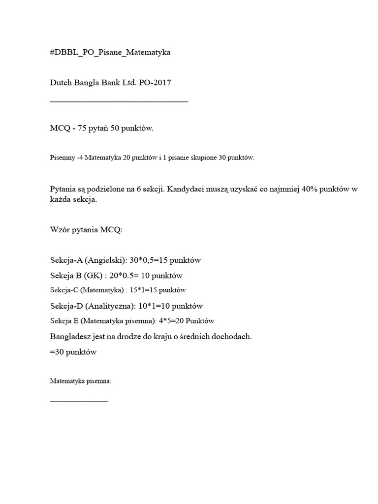 Matematyka Pisemna DBBL PO | PDF