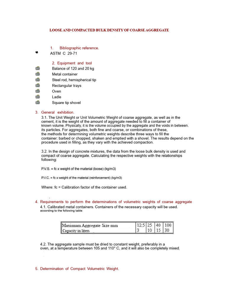 Loose and Compact Volumetric Weight of Coarse Aggregate | PDF ...