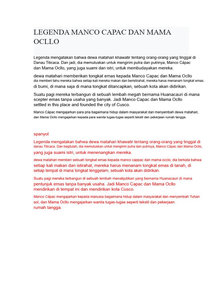 Legenda Manco Cápac dan Mama Ocllo | PDF