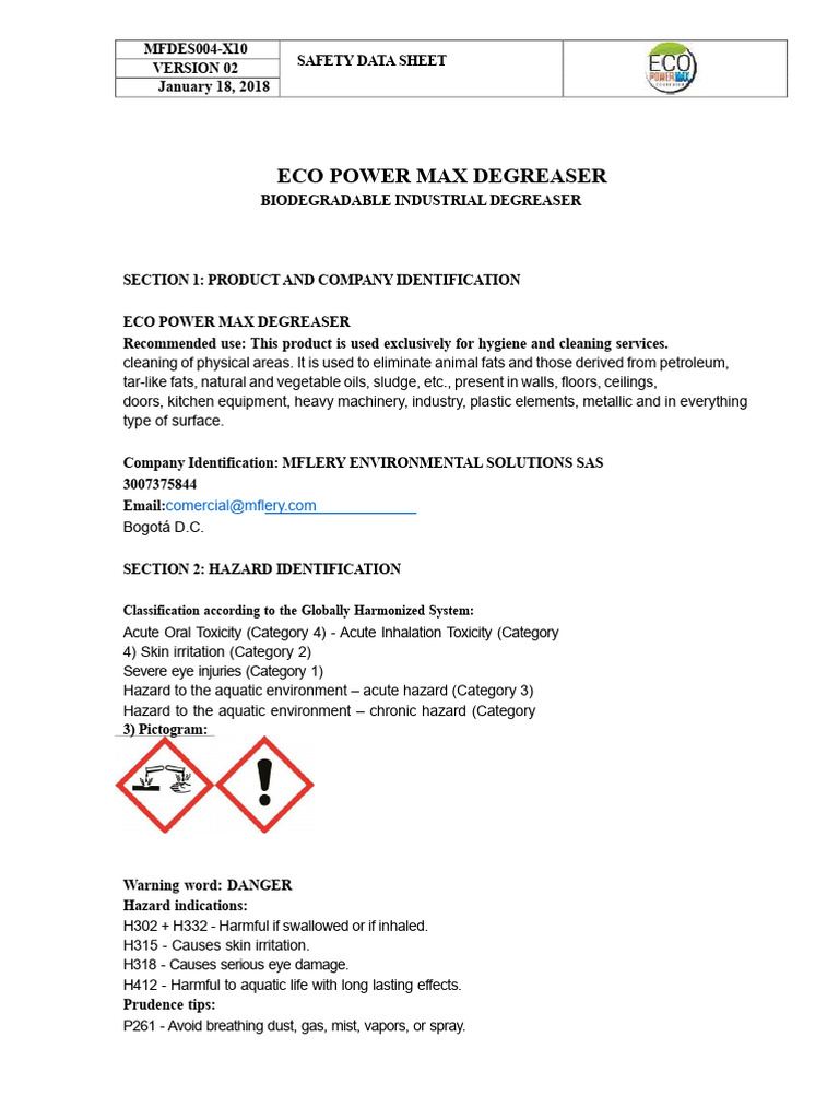 Eco Power Max Degreaser FDS | PDF | Firefighting | Toxicity