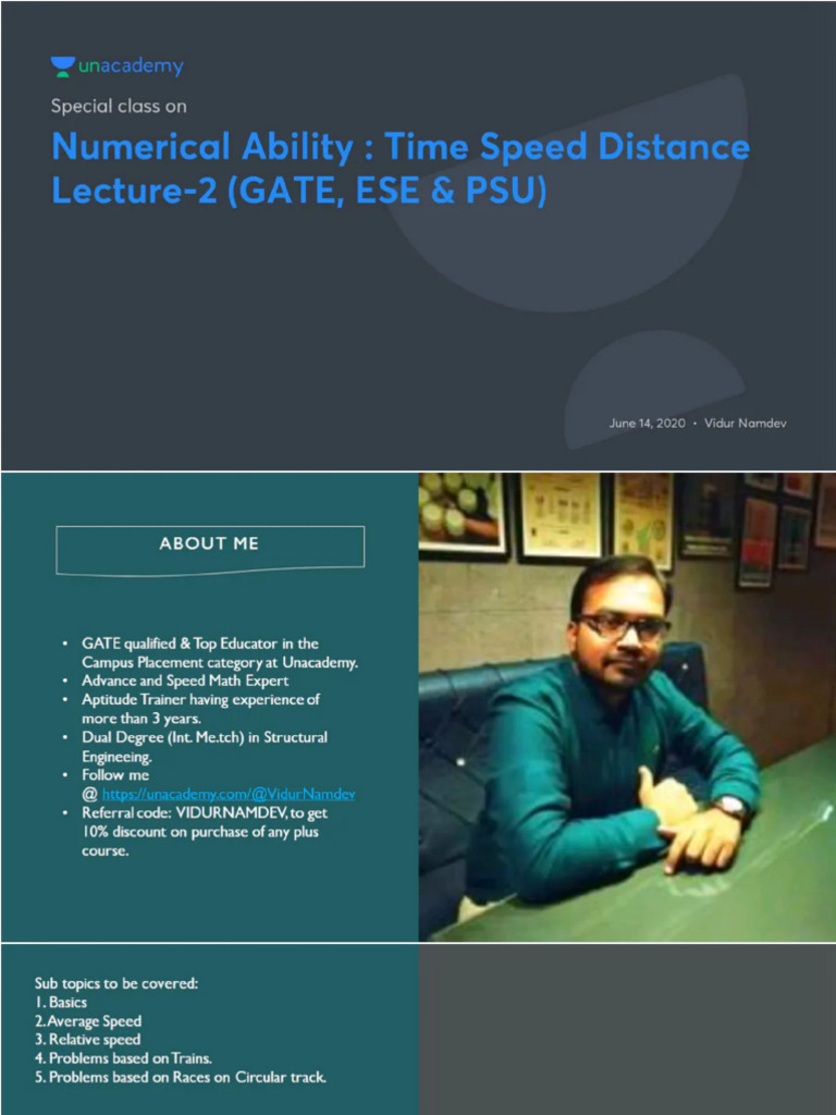 Numerical Ability Time Speed Distance Lecture2 GATE ESE PSU With Anno | PDF