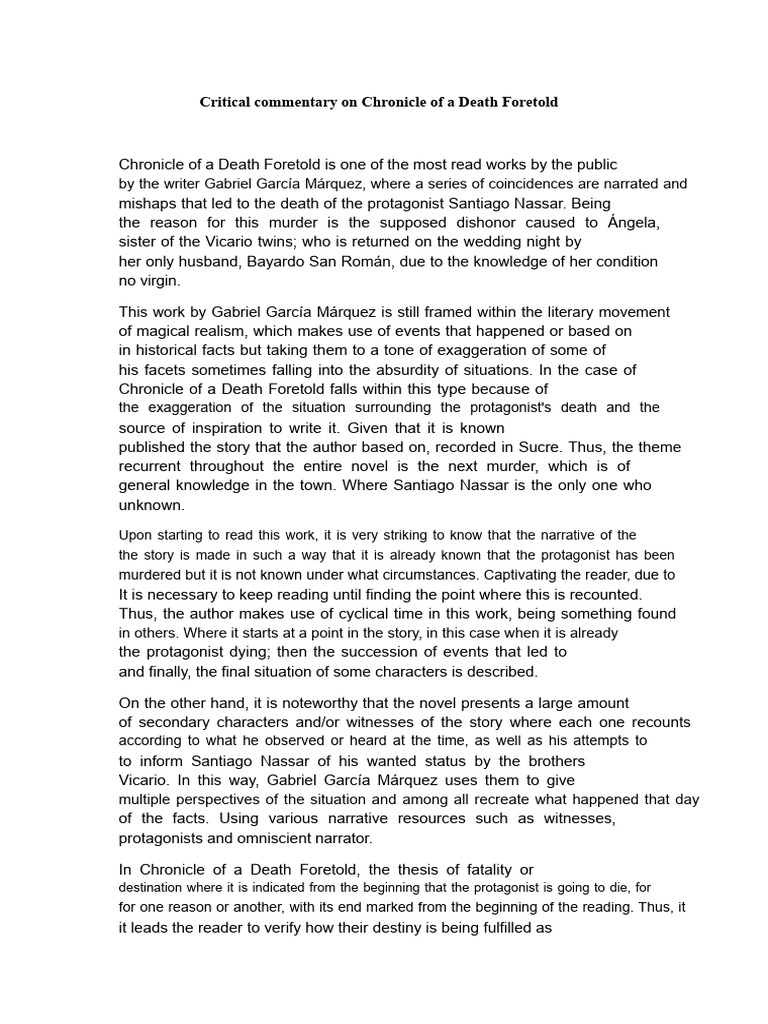 Analysis of Chronicle of a Death Foretold | PDF
