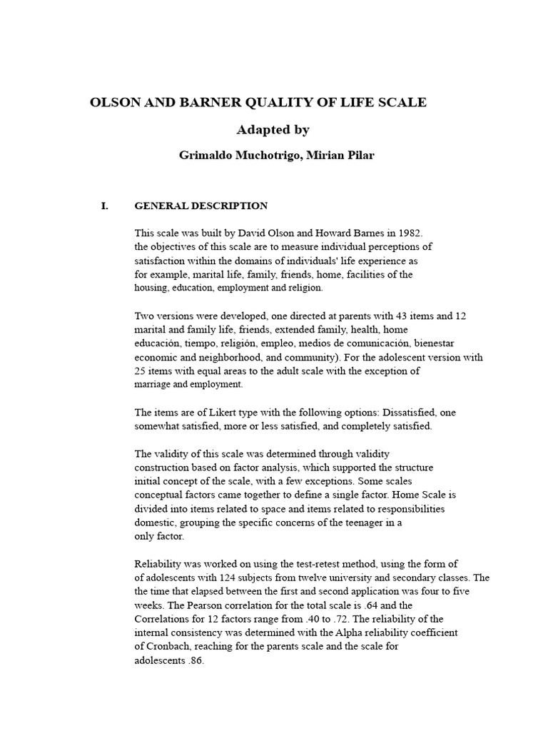 Olson and Barner Quality of Life Scale | PDF | Well Being | Student's T ...