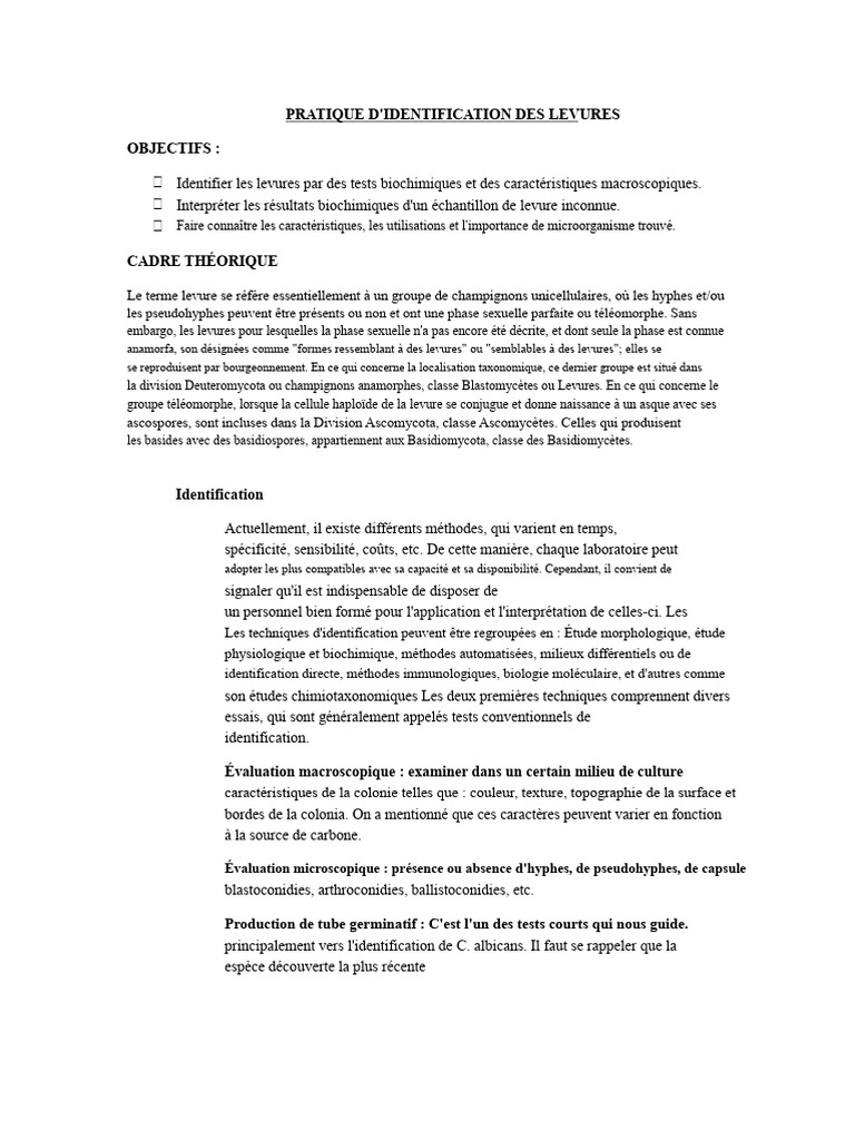 Identification des levures par tests biochimiques | PDF | Levure | Biologie