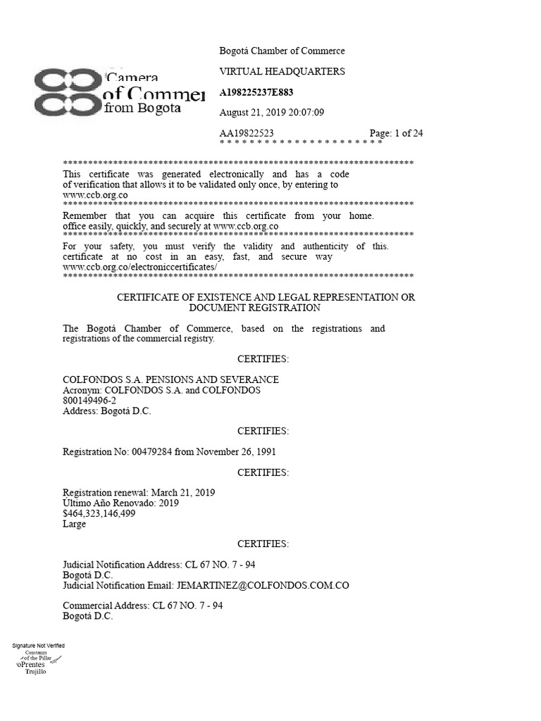 Certificate of Existence and Legal Representation of Colofndos | PDF ...