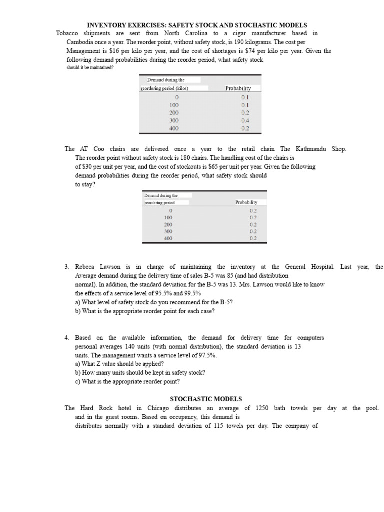Exercises On Inventories Safety Stock and Stochastic Models | PDF | Inventory | Standard Deviation