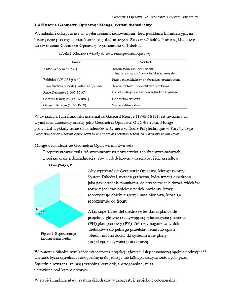 1.4 Historia Geometrii Opisowej Monge, System Dihedralny. | PDF