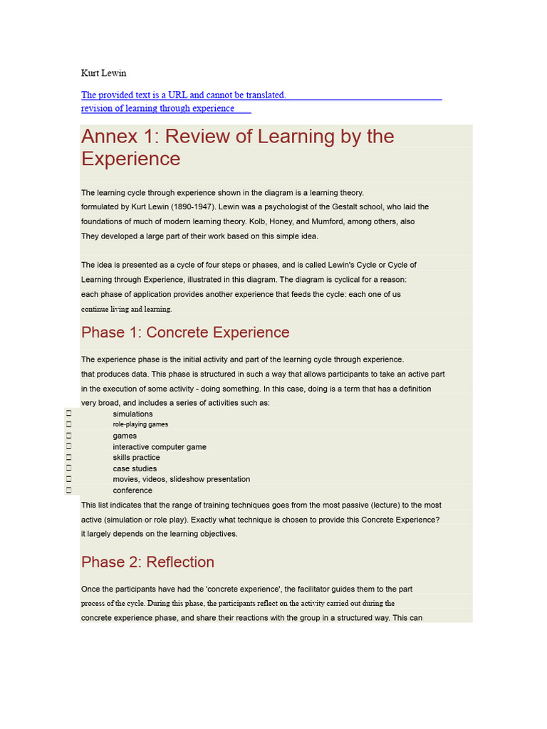 Kurt Lewin-Experiential Learning | PDF | Learning | Psychology