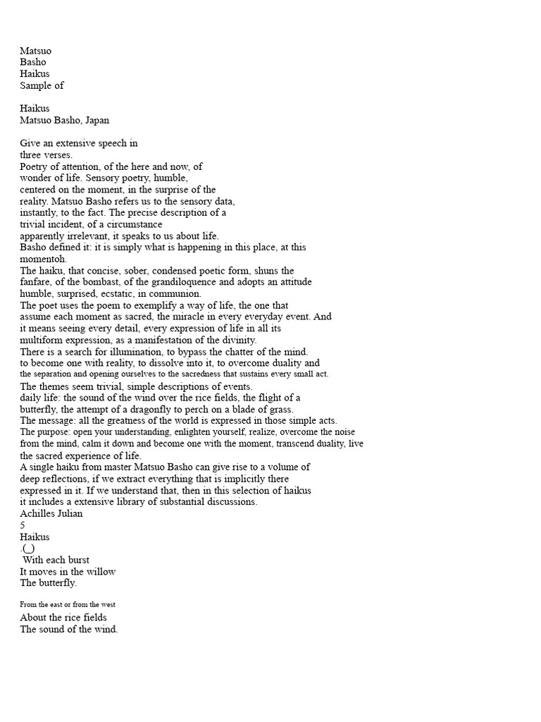 Basho, Matsuo - Haiku Poetry (For Jorge Texaloud) | PDF | Haiku