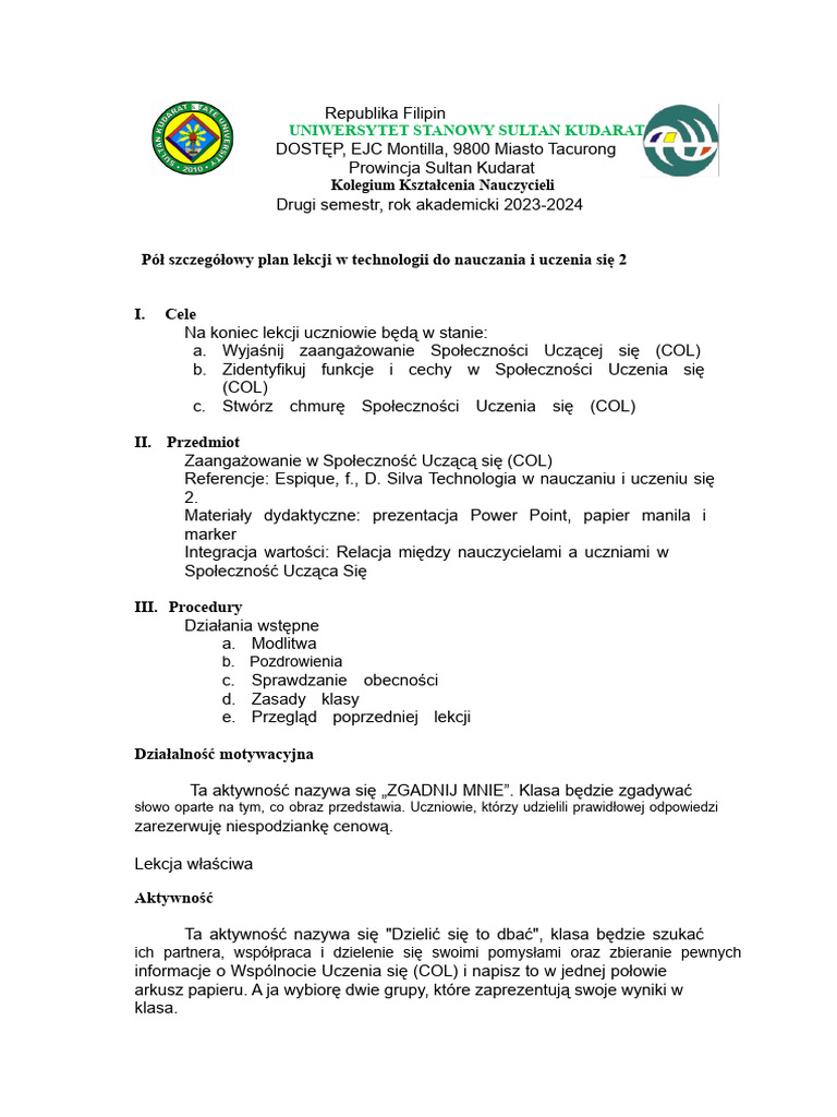 Tugade, A. - Plan Lekcji, TTL2 | PDF