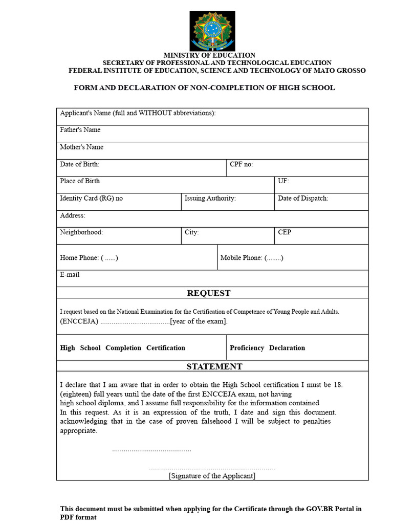 Form and Declaration of Non-Completion of High School | PDF