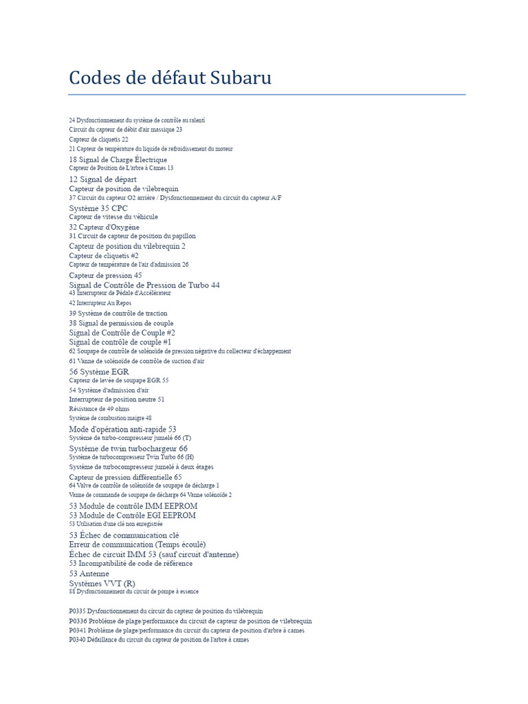 Codes de Défaut Subaru PDF | PDF | Turbocompresseur | Soupape