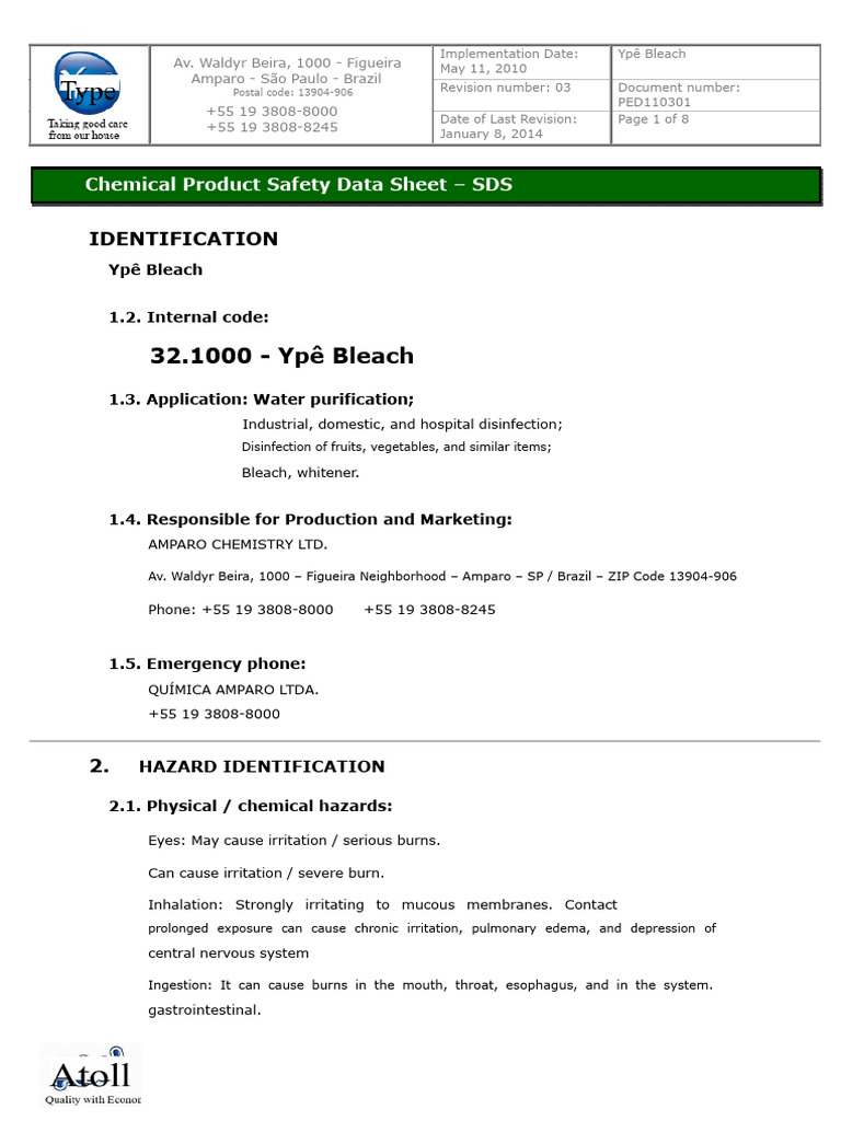 Safety Data Sheet For Bleach | PDF | Bleach | Chlorine