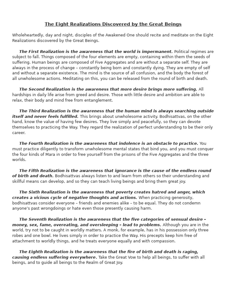 The Eight Realizations of The Great Beings | PDF | Bodhisattva | Nāstika