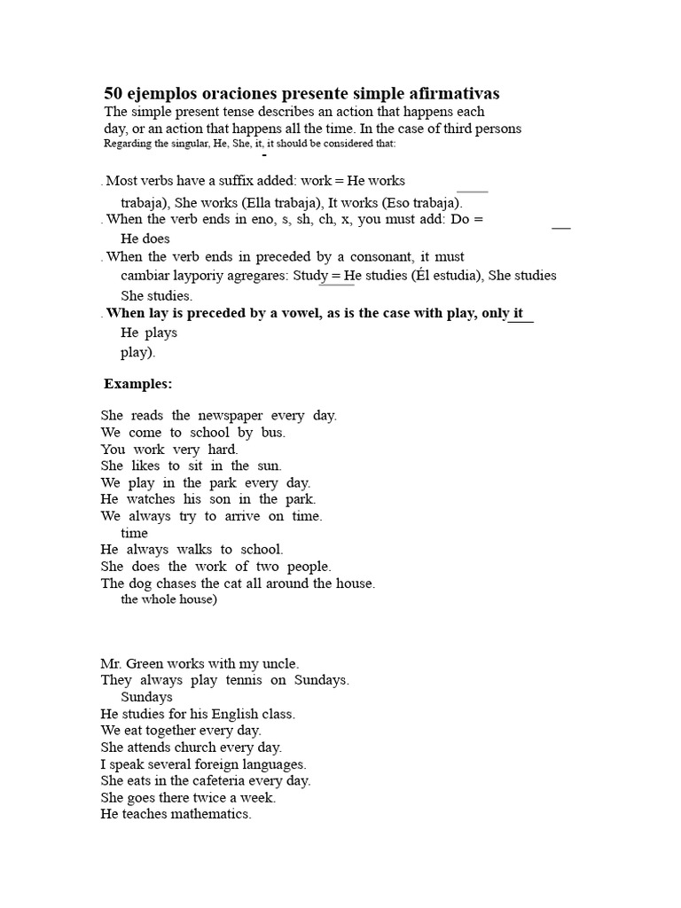 50 Examples of Affirmative Sentences in Simple Present | PDF