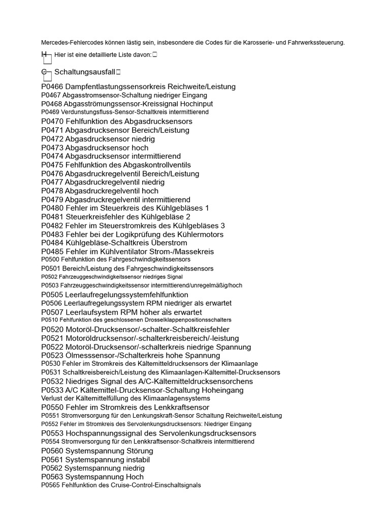Mercedes Fehlercode Liste