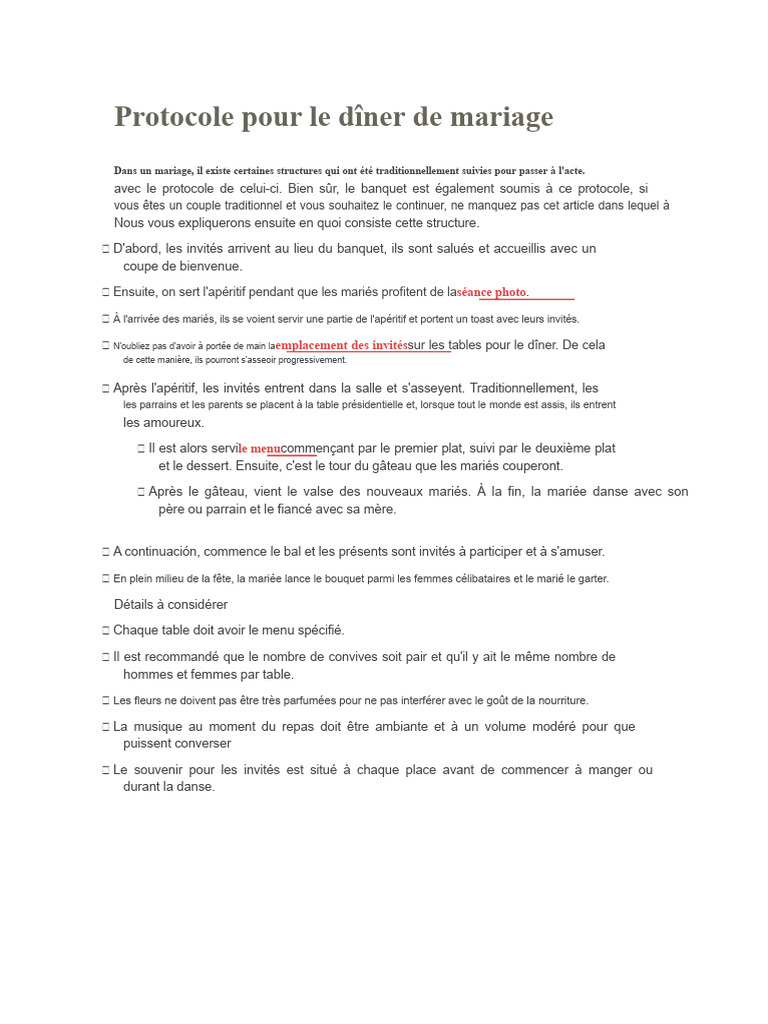 Protocole du dîner de mariage réussi | PDF | Mariage | Nourritures