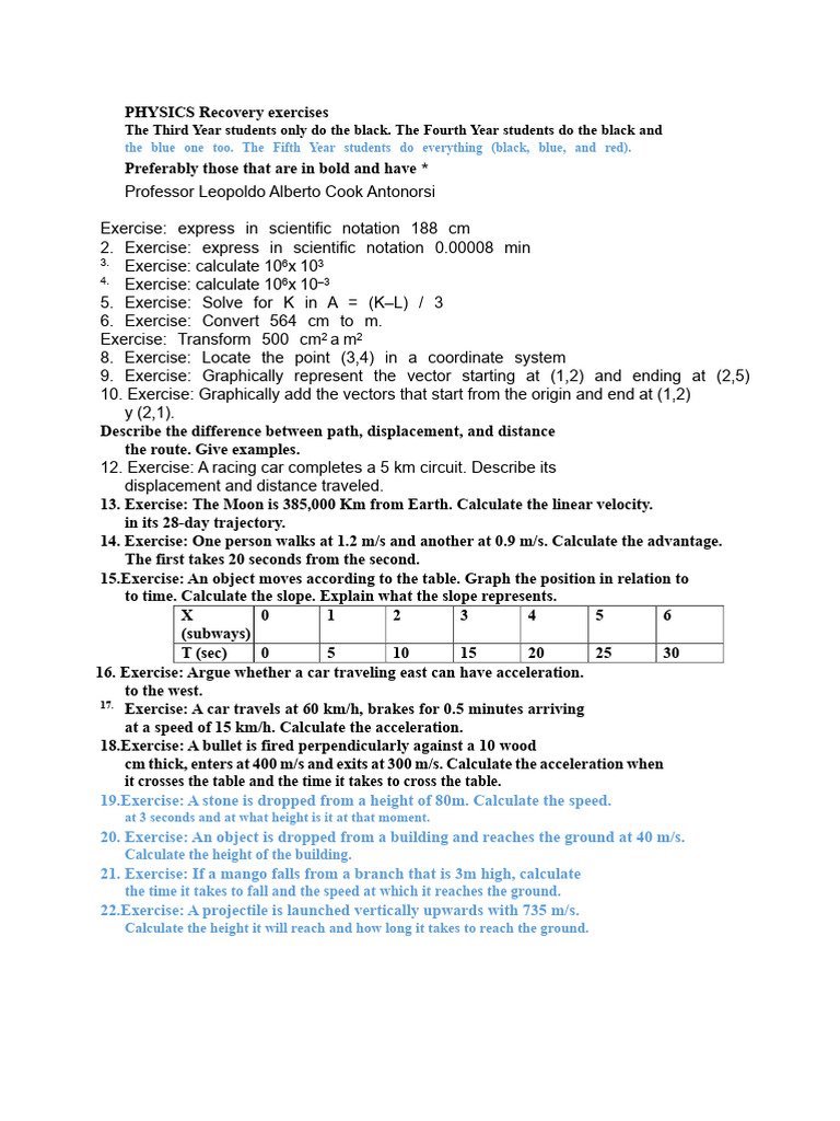 Physics Recovery Exercises for Students | PDF | Force | Mass