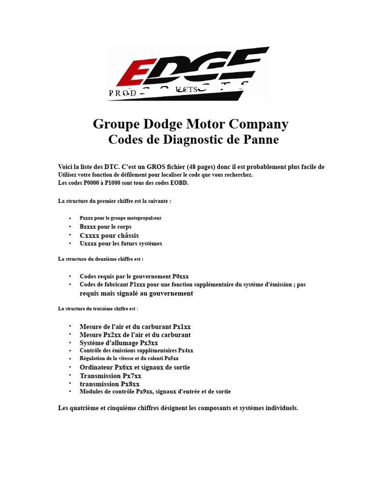 Codes DTC pour véhicules Dodge | PDF | Allumage | Injection (moteur)