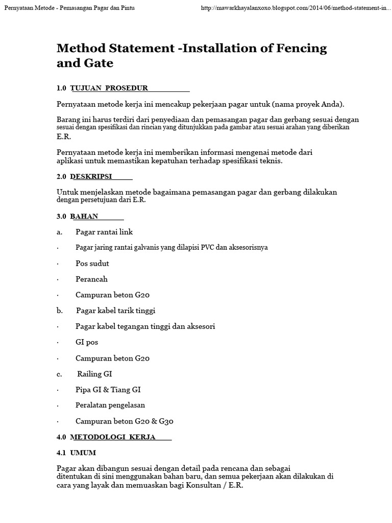 Pernyataan Metode - Pemasangan Pagar Dan Pintu Gerbang | PDF