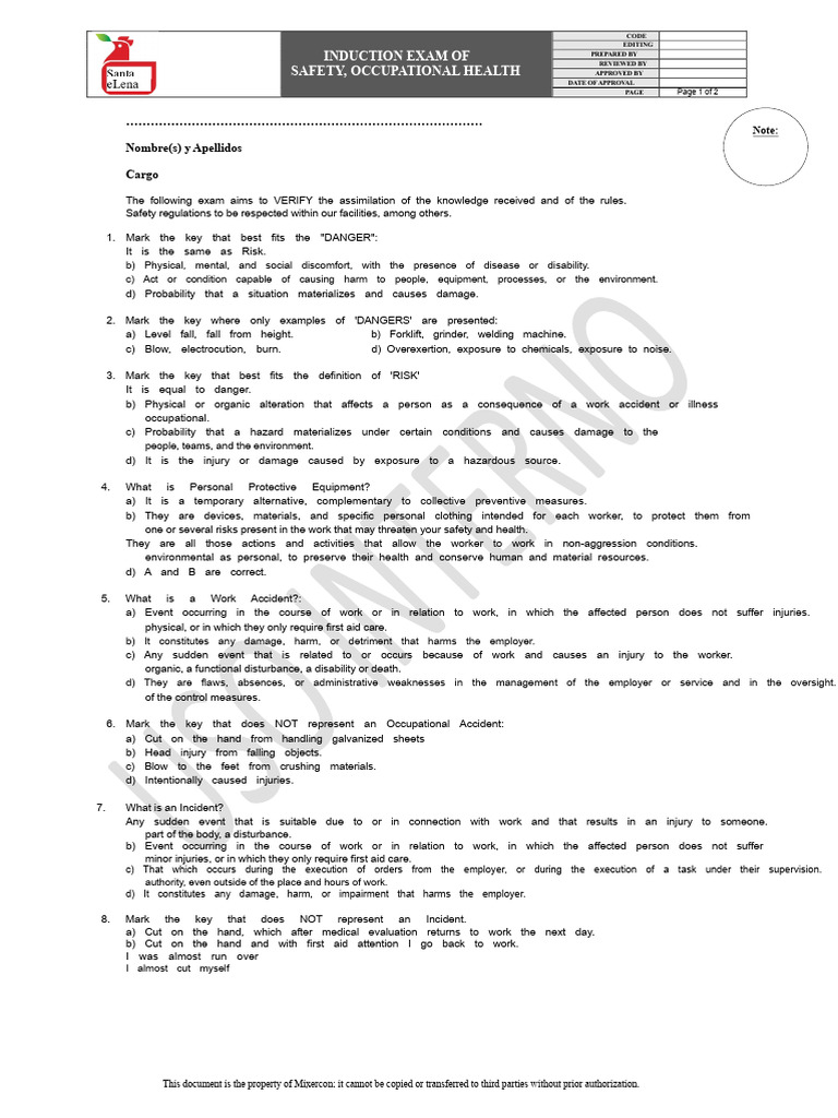 SIG-EXA-01 SST Induction Exam | PDF | Occupational Safety And Health | Risk