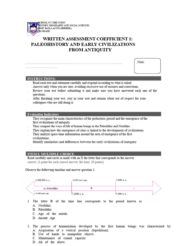 7° - Assessment Unit 1 - Prehistory and Early Civilizations | PDF ...