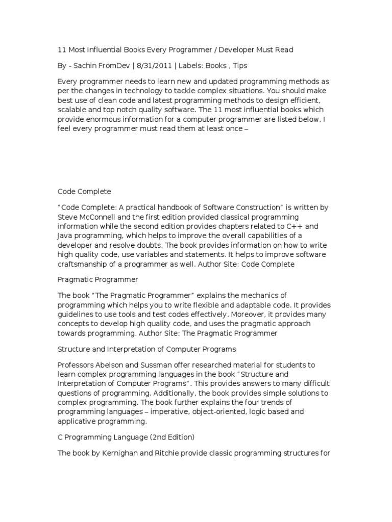 Must Read Books For Programmers | PDF | Computer Programming ...