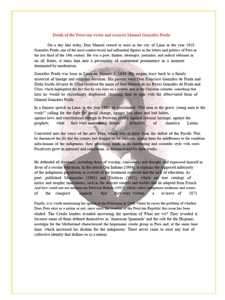 Death of The Peruvian Writer and Essayist Manuel Gonzáles Prada | PDF ...