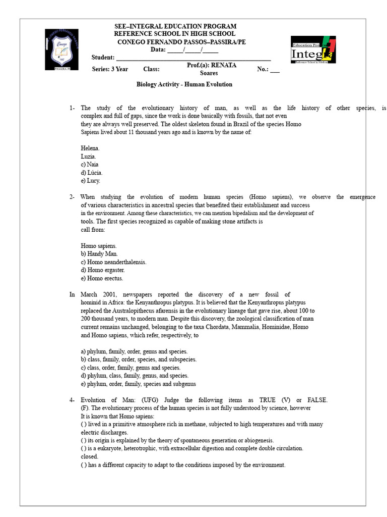 Activity Human Evolution - 3rd Year | PDF | Homo | Human Evolution