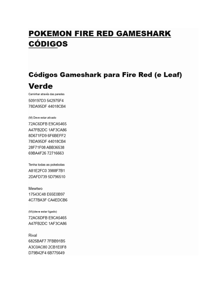 Códigos GameShark para Pokémon Fire Red | PDF | Pokémon | Videogames