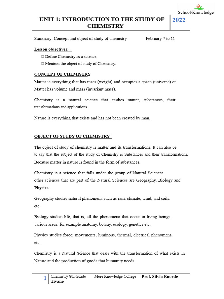 Unit 1 Introduction To The Study Of Chemistry 8th Grade Pdf