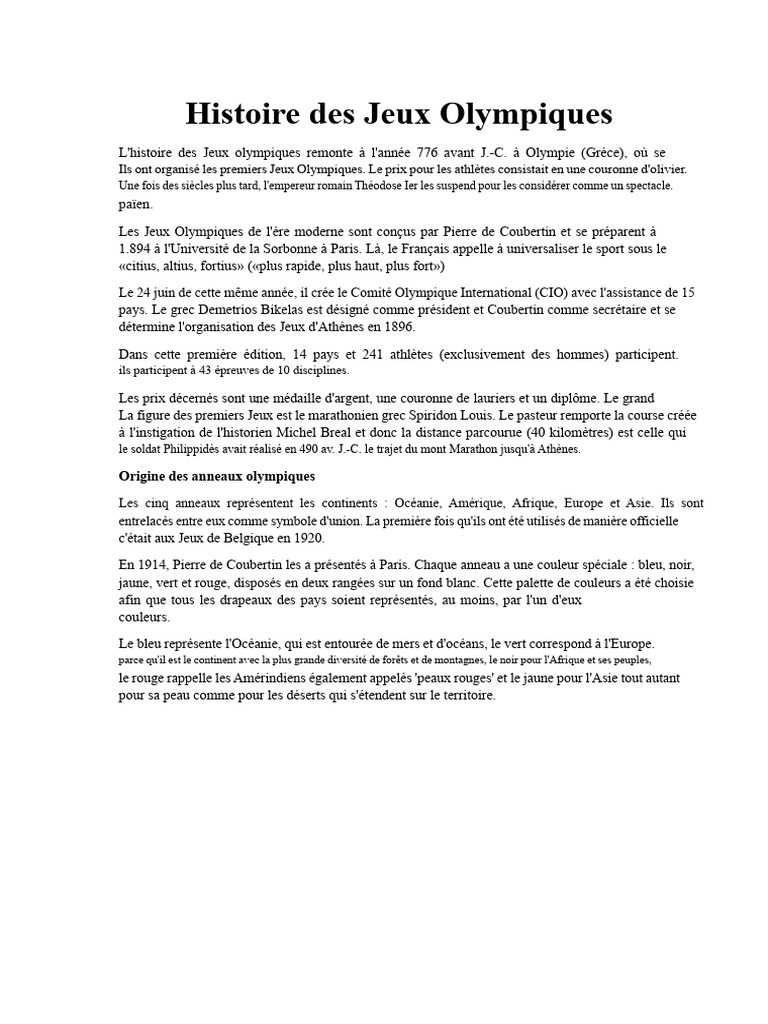 Histoire des Jeux Olympiques et Tokyo 2020 | PDF | Jeux olympiques ...