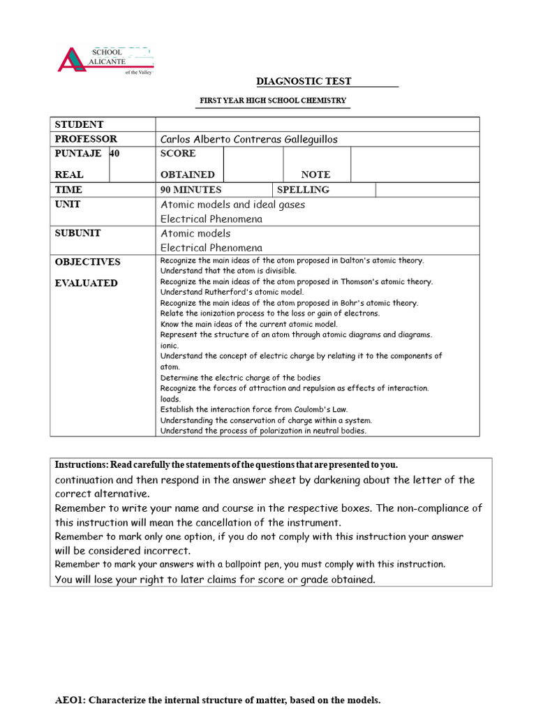 Diagnostic Test Chemistry First Year of High School | PDF | Atoms ...