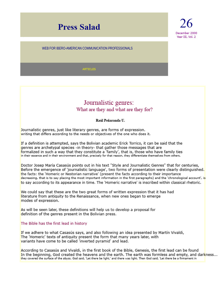 Peñaranda. The Journalistic Genres: What They Are and What They Are For | PDF | Genre | Newspapers