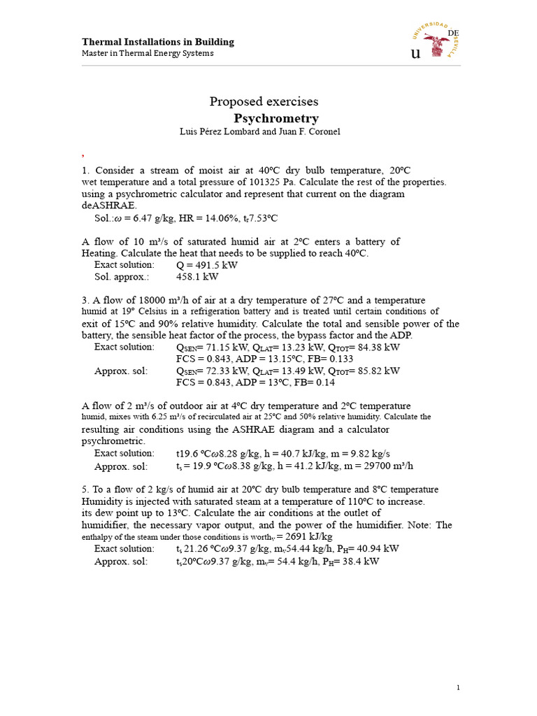 Psychrometry Exercises | PDF | Humidity | Heat