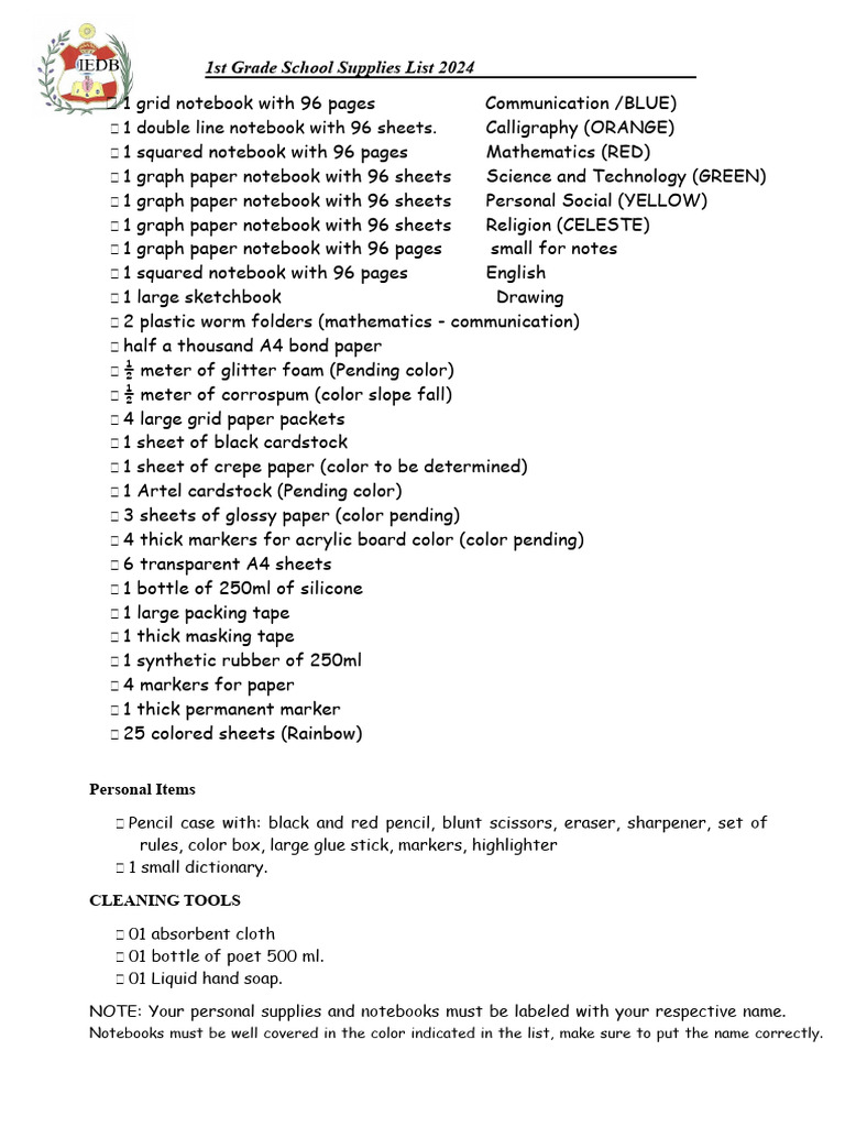 FIRST GRADE SUPPLIES LIST - Docx 2024 | PDF