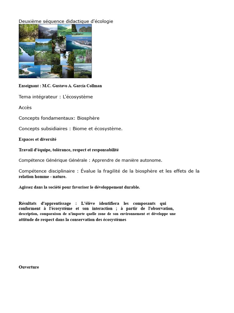 Séquence Didactique sur l'Écosystème | PDF | Écosystème | Écologie