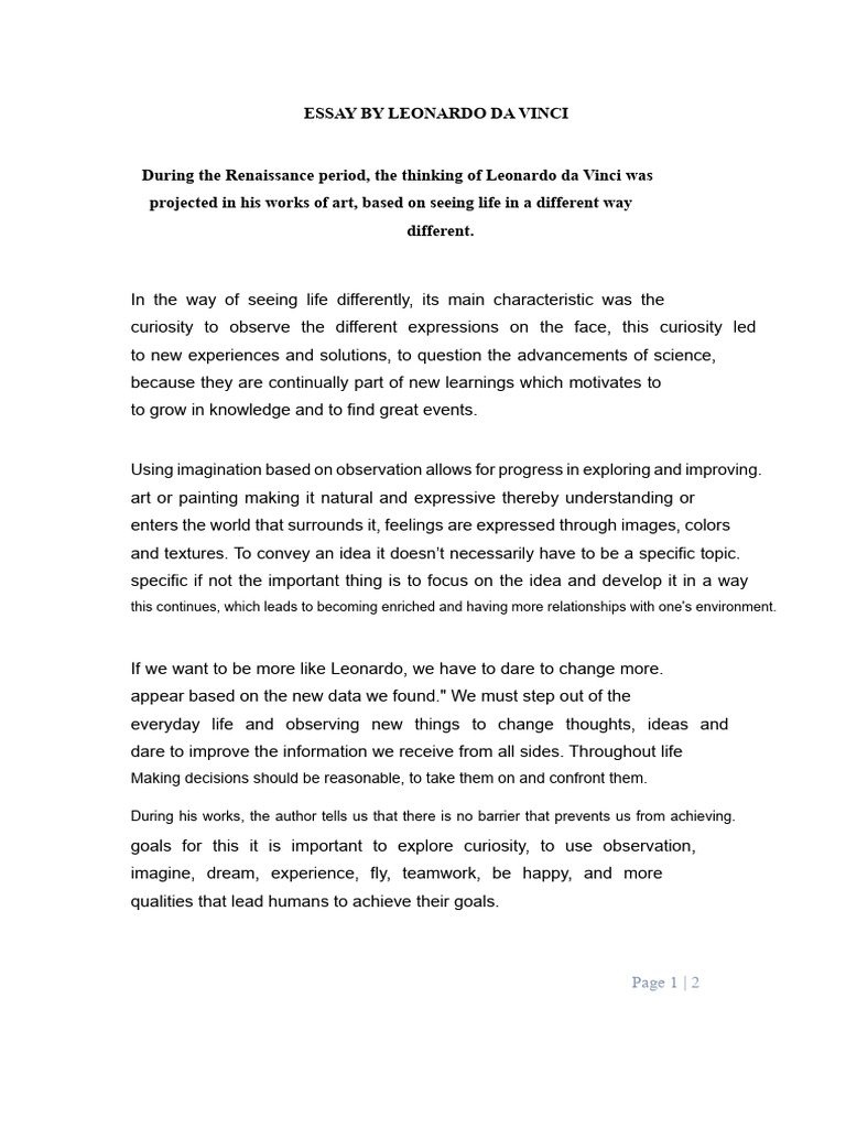 Essay On Leonardo Da Vinci | PDF | Leonardo Da Vinci | Idea