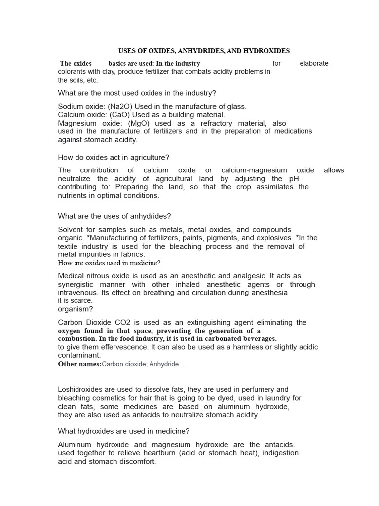 Uses of Anhydride Oxides Hydroxides | PDF | Lime (Material) | Oxide