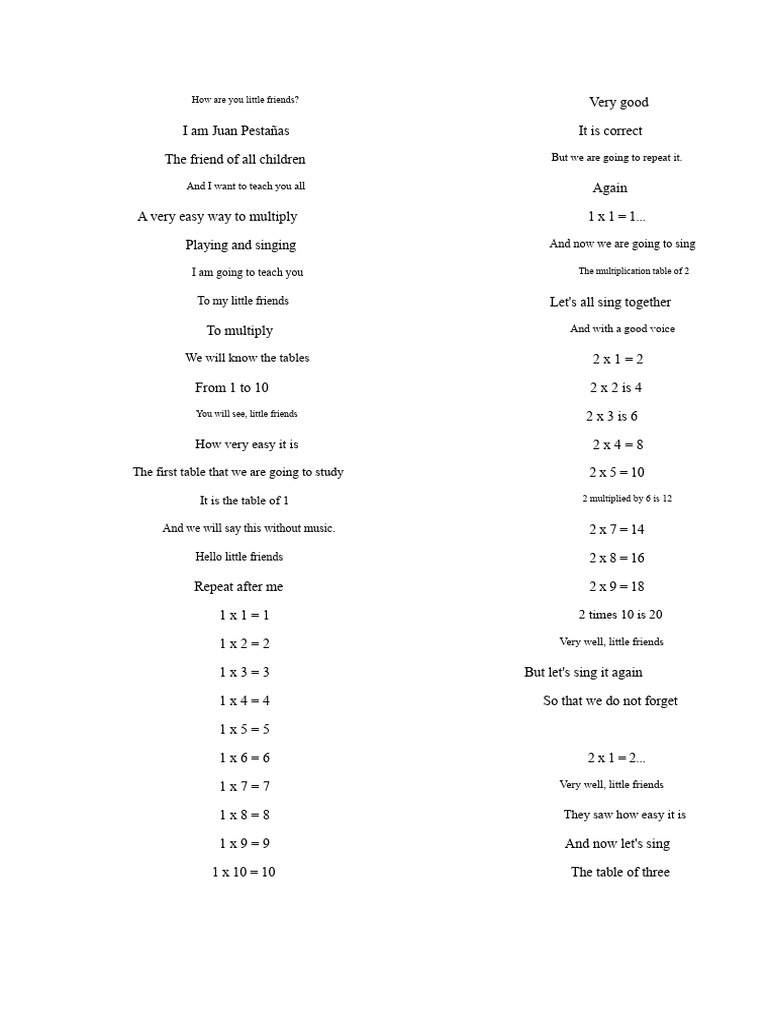 Multiplication Tables Song | PDF | Multiplication