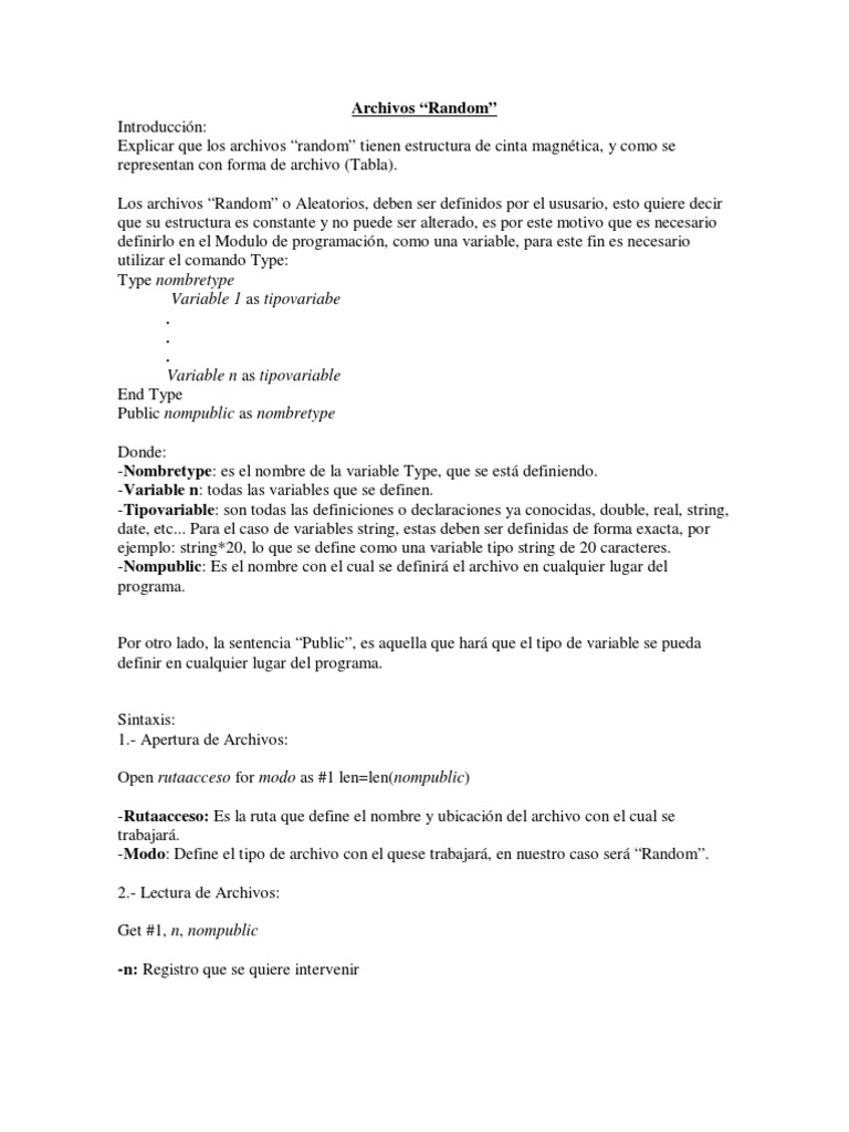 Guía Archivos RANDOM | PDF | Archivo de computadora | Datos