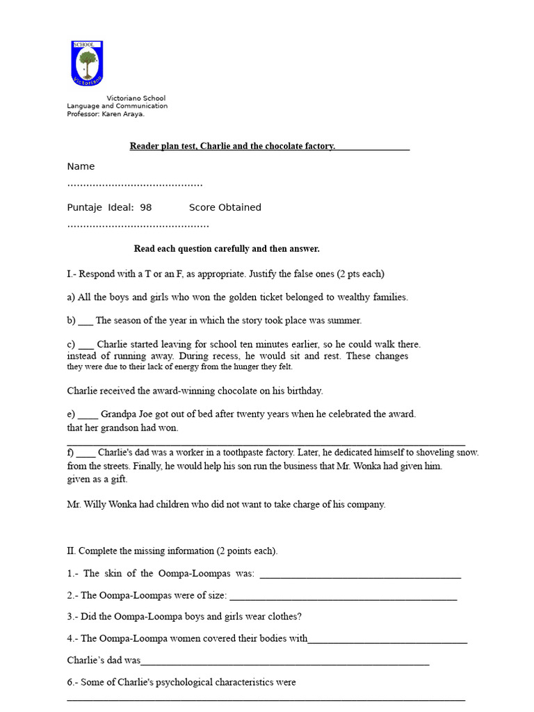 Charlie and the Chocolate Factory Quiz | PDF